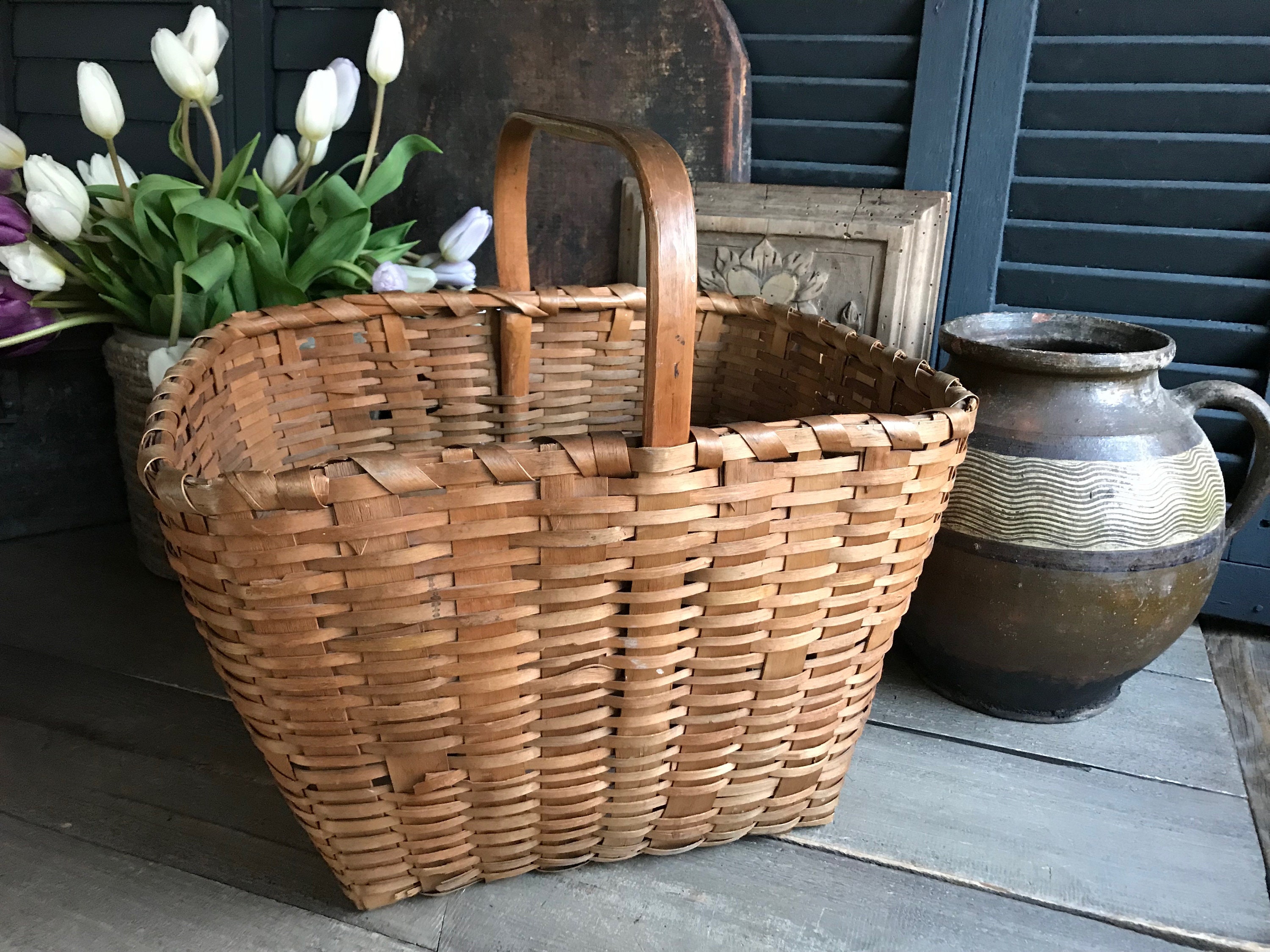 Rustic Gathering Basket, Slat Basket, Bent Wood Handle, Farmhouse ...