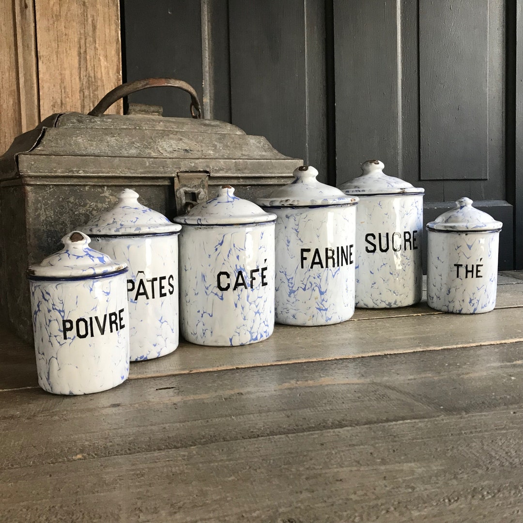 French Enamel Canister Set of 6, Pale Blue Marbled Enamelware, Vintage ...