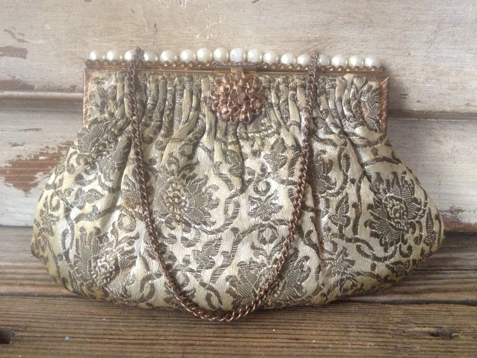 French Silk Brocade Handbag Evening Clutch Purse Gold Silk Made in ...
