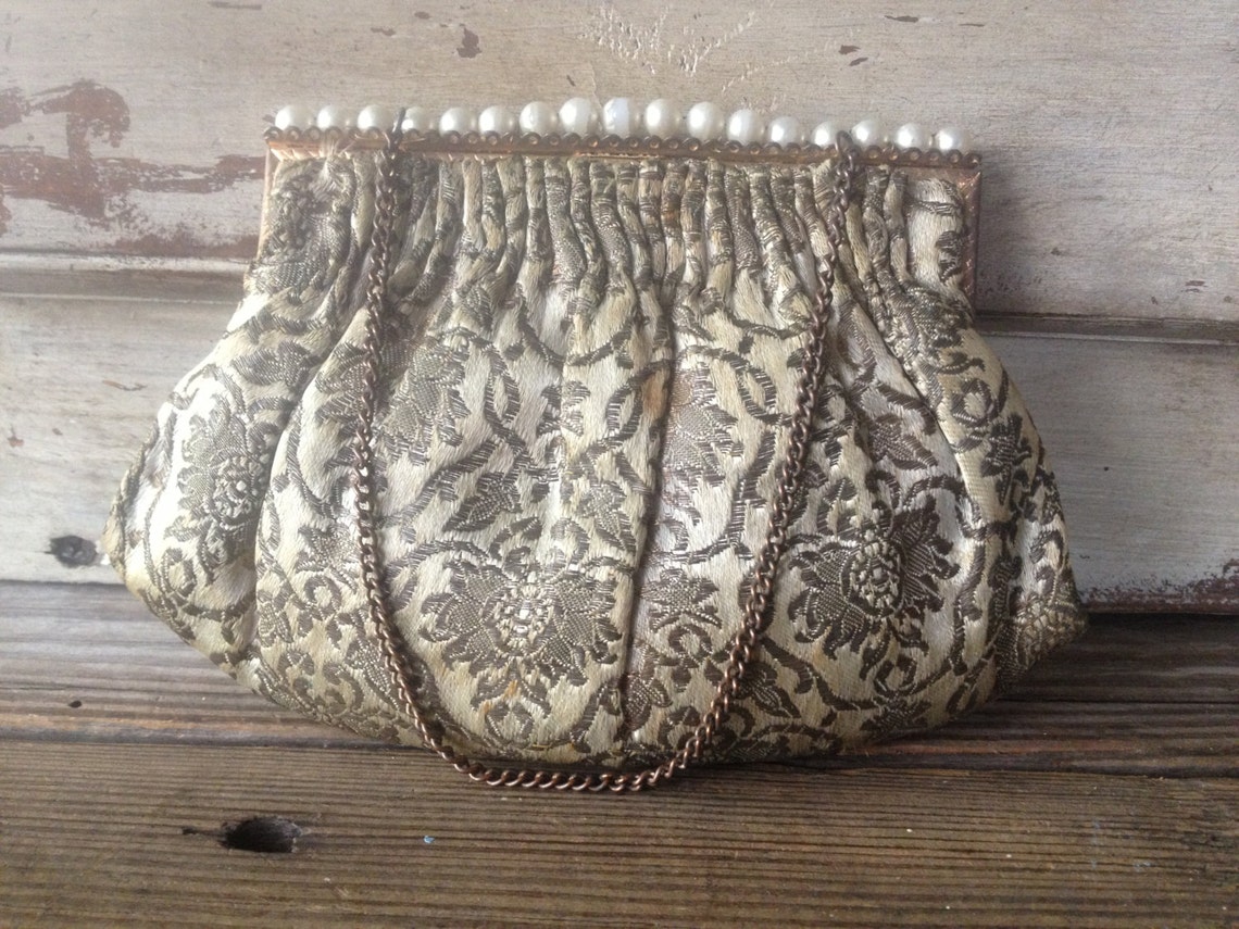 French Silk Brocade Handbag Evening Clutch Purse Gold Silk Made in ...