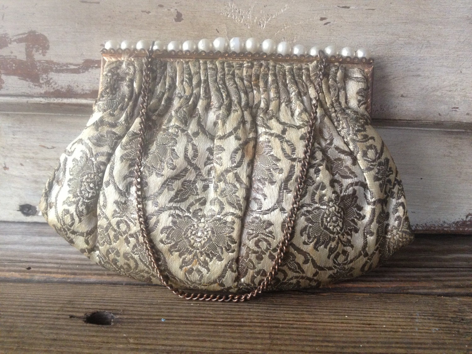 French Silk Brocade Handbag Evening Clutch Purse Gold Silk Made in ...