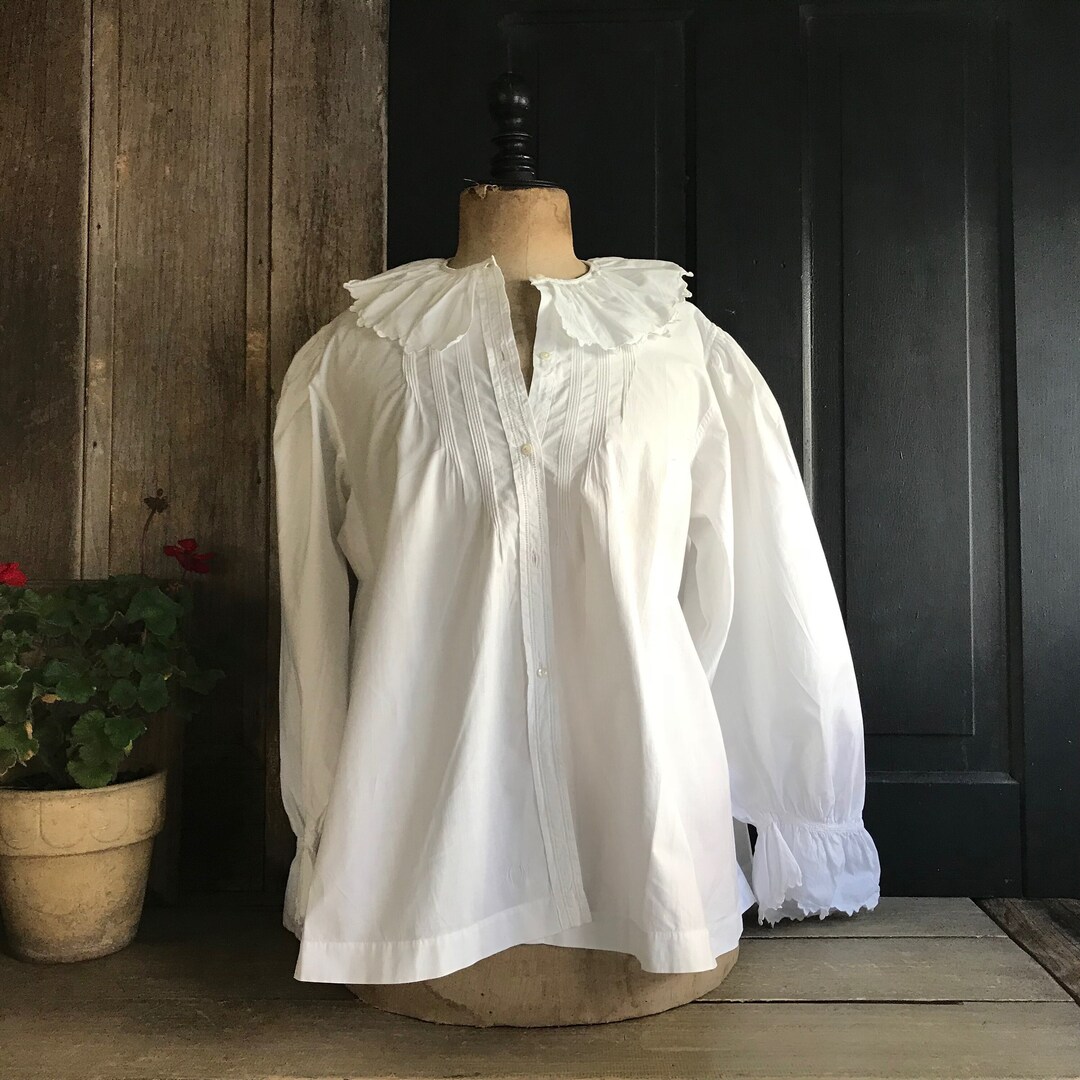French Chemise Ruffle Blouse, White Cotton, Ruffle Collar Sleeves, Pin ...