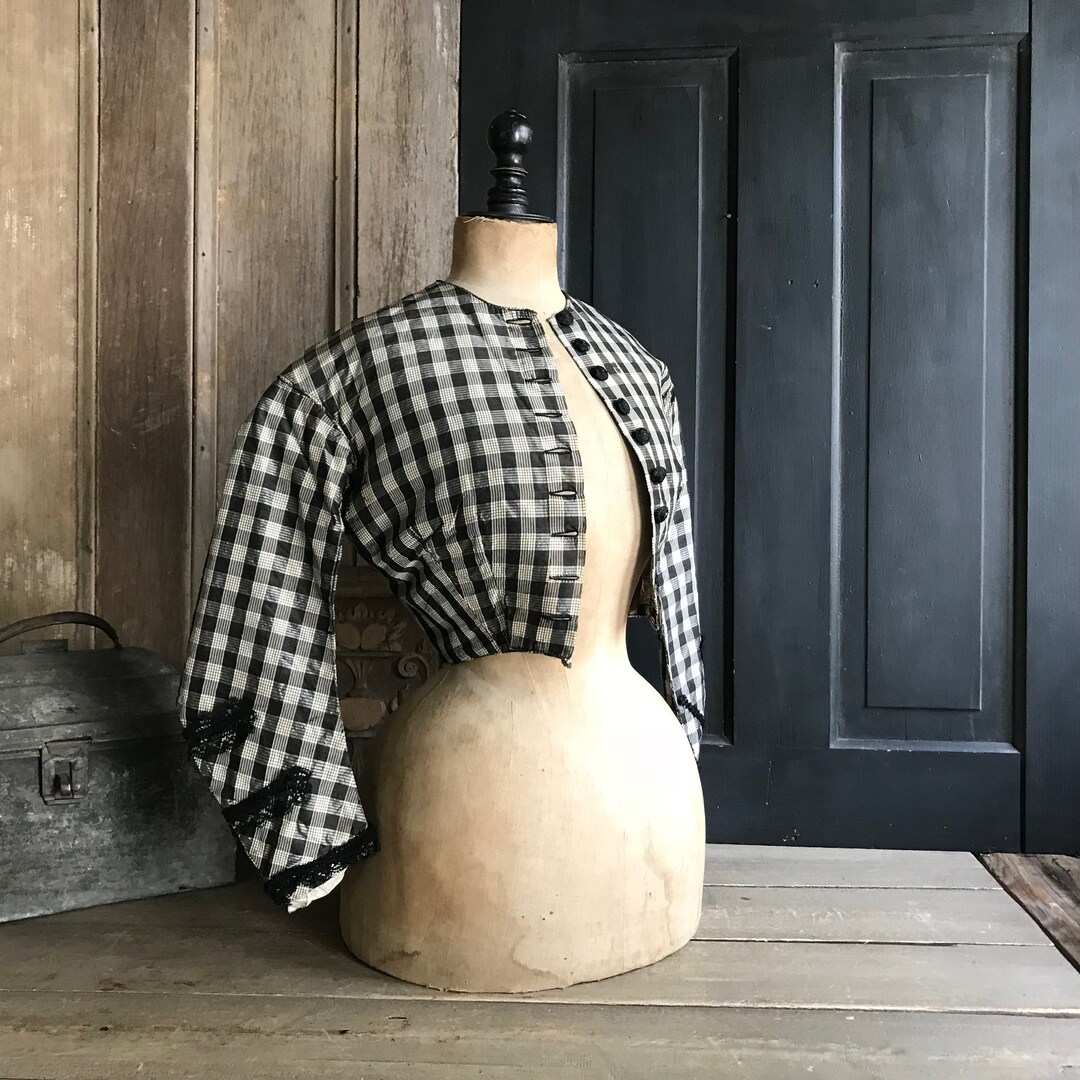 Antique Silk Bodice, Corseted Blouse, Black Check, Beaded Lace, Early ...