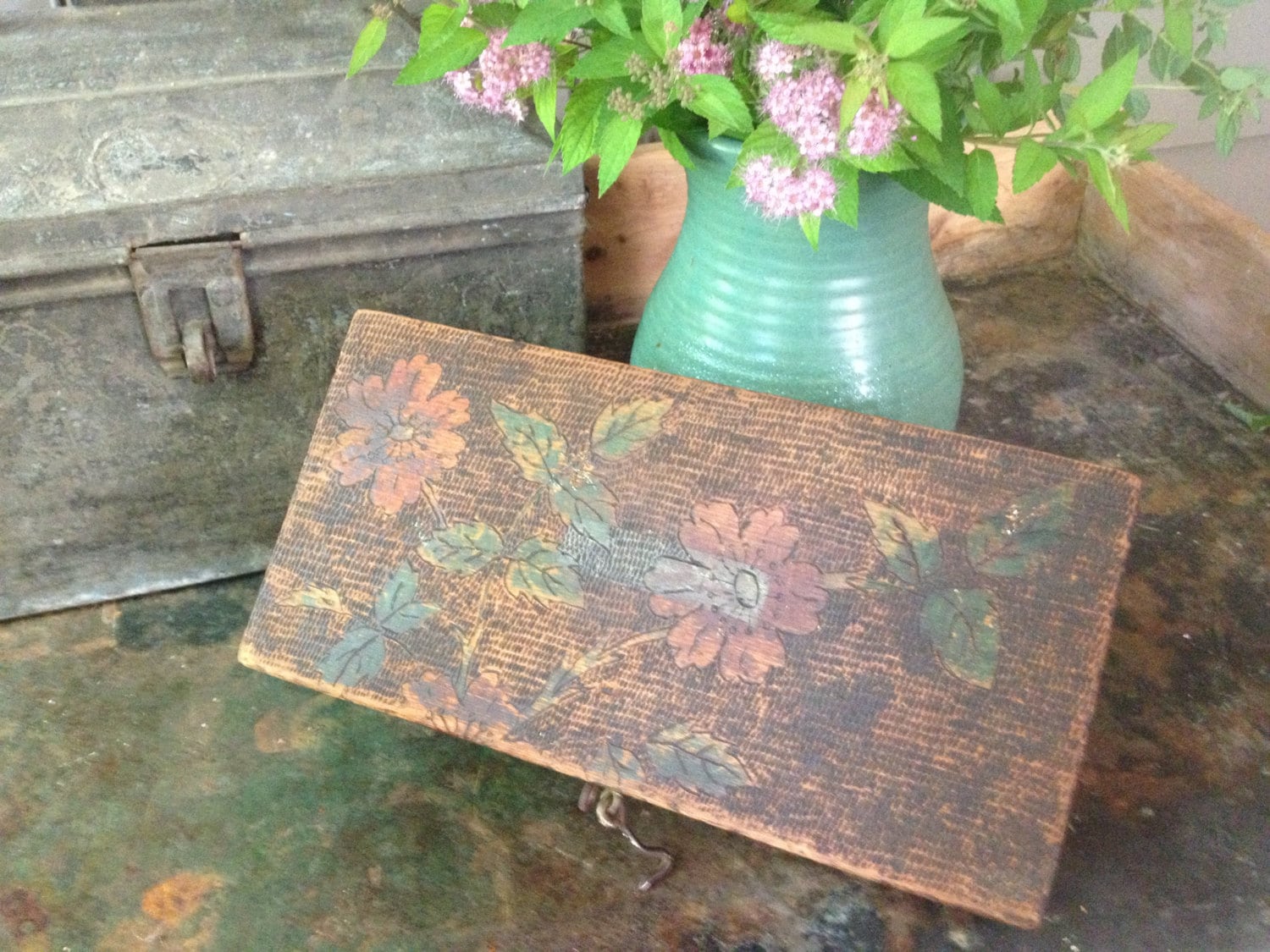 Pyrography Wood Storage Box Floral Painted Trinket Farmhouse | Etsy