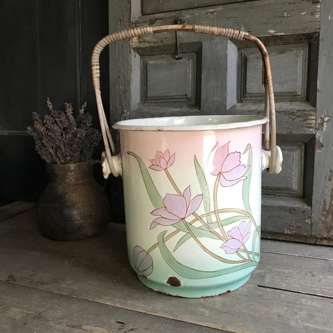 French Enamel Floral Pail, Bucket, Carry Handle, Soft Pastel Dusty Rose ...