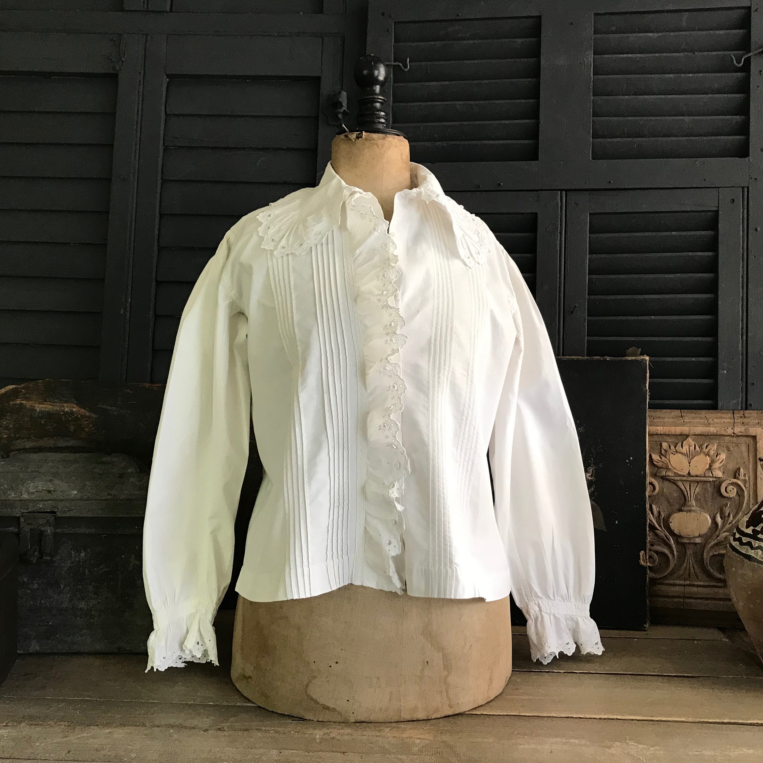 French White Cotton Chemise Blouse, Chemisier, Ruffle Collar, Monogram ...