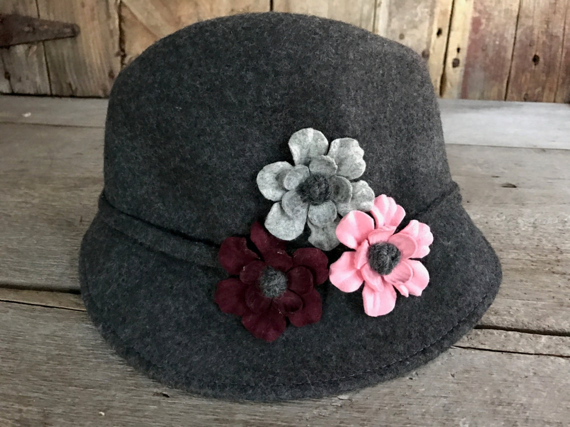 Ladies Gray Felt Fedora Made in Italy Wool Laine Flowers | Etsy