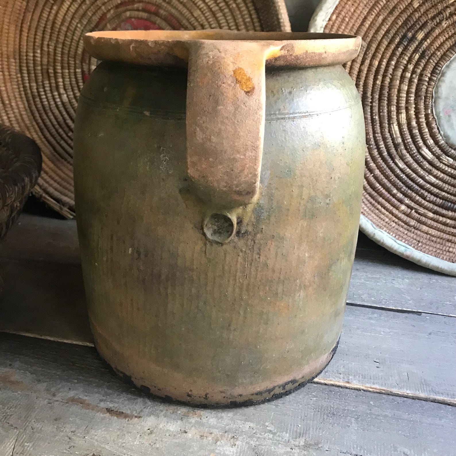 19th C Pottery Jug, Olive Confit Jar, Olive Green, Rustic Earthenware ...