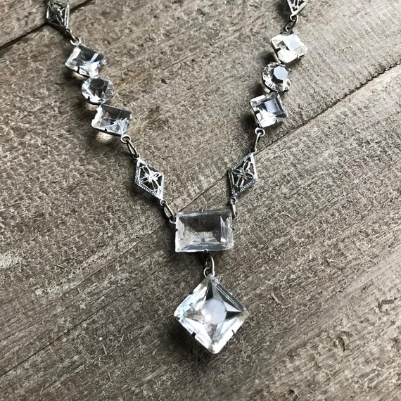 Art Deco Bezel Set Necklace, Open Back, Silver Tone, … - Gem