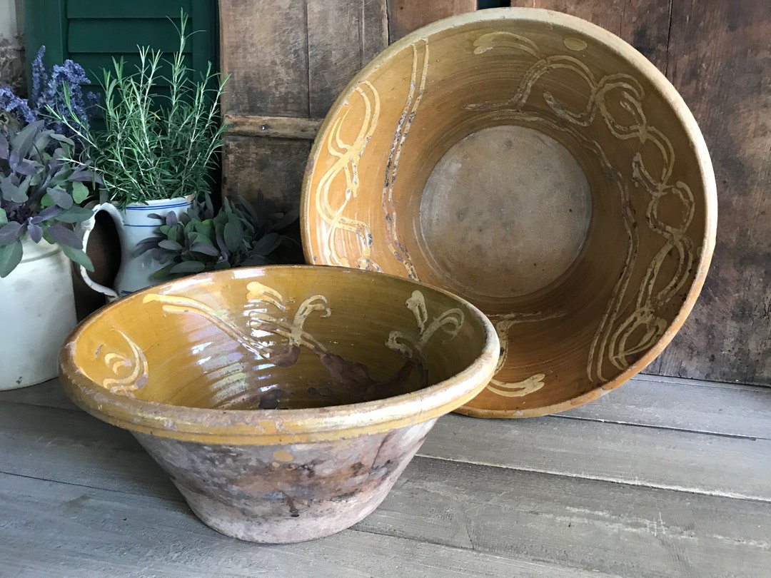 19th C Dairy Bowl, Pottery Mixing Bowl, Yellow Ochre Glaze, Distressed ...