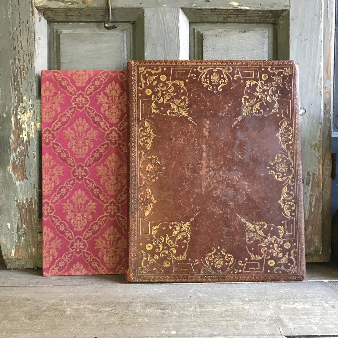Antique Gilded Leather Letter Folder, Portfolio, Crimson Silk Brocade ...