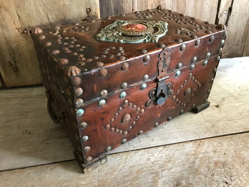 Rustic French Leather Document Box, Brass Cartouche, Porcelain Painted ...
