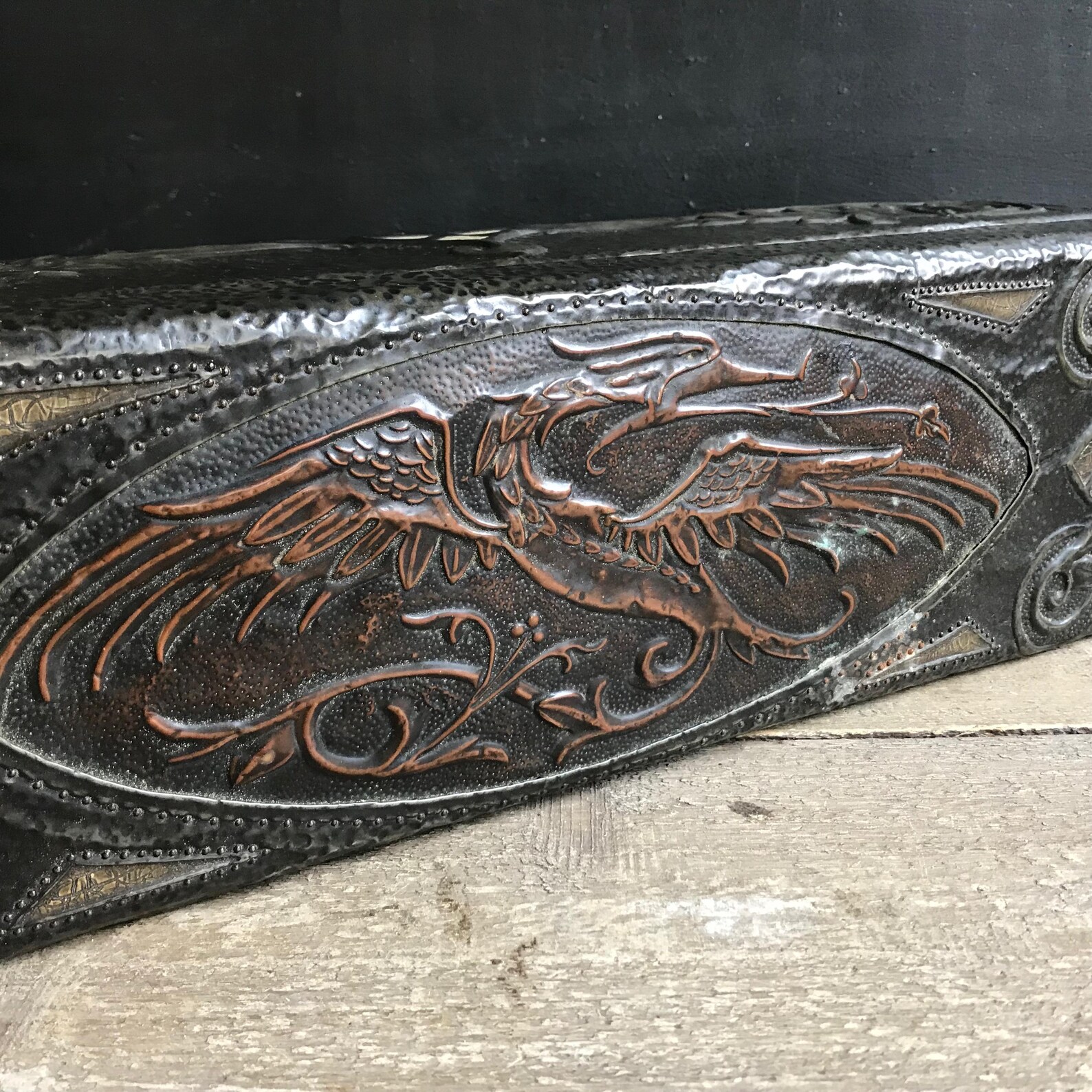 French Repoussé Pewter Boudoir Box, Copper Dragon Griffon, Silk Lined ...