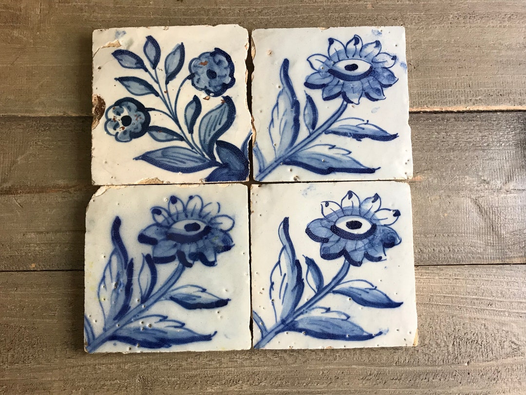 19th C French Indigo Tile Frieze, Indigo Floral Design, Terra Cotta ...
