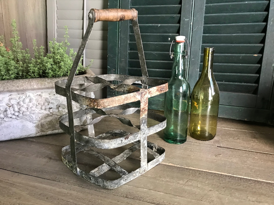 Rustic French Bottle Rack Basket, Wood Handle, Zinc Metal Bottle Vendor ...