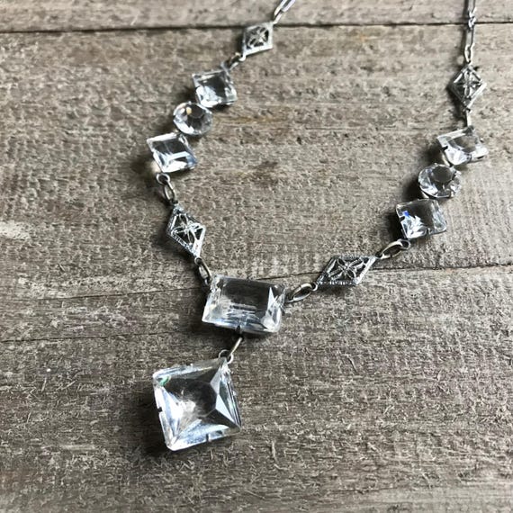 Art Deco Bezel Set Necklace, Open Back, Silver Tone, … - Gem