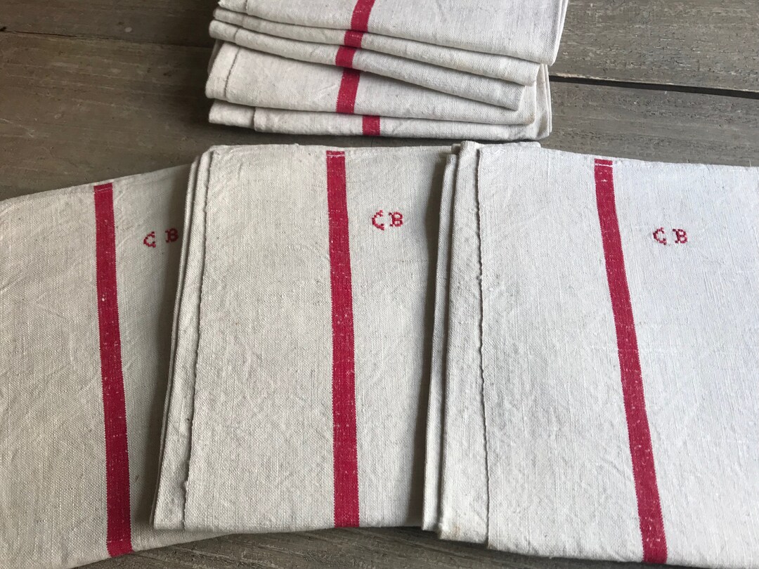 1 Rustic French Linen Torchon, Large Kitchen Tea Towel, Red Stripe ...