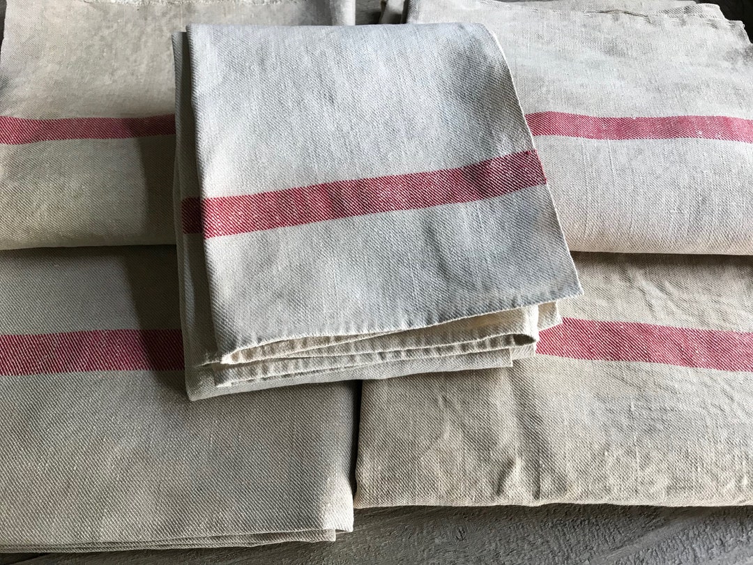 1 Large Rustic French Linen Torchon, Large Kitchen Towel, Red Stripe ...