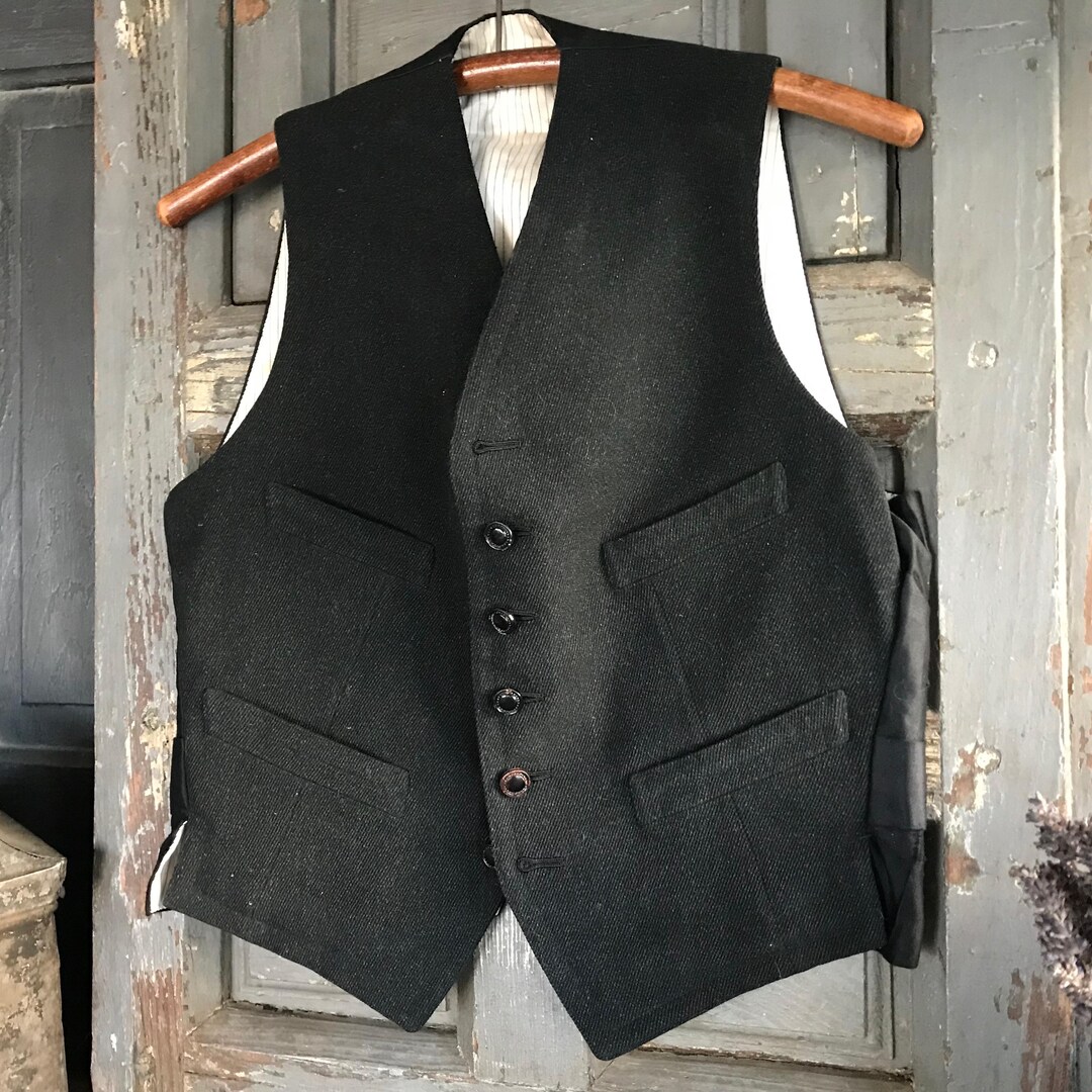 French Gilet, Gents Black Wool Waistcoat, Striped Cotton Lined, Belted ...