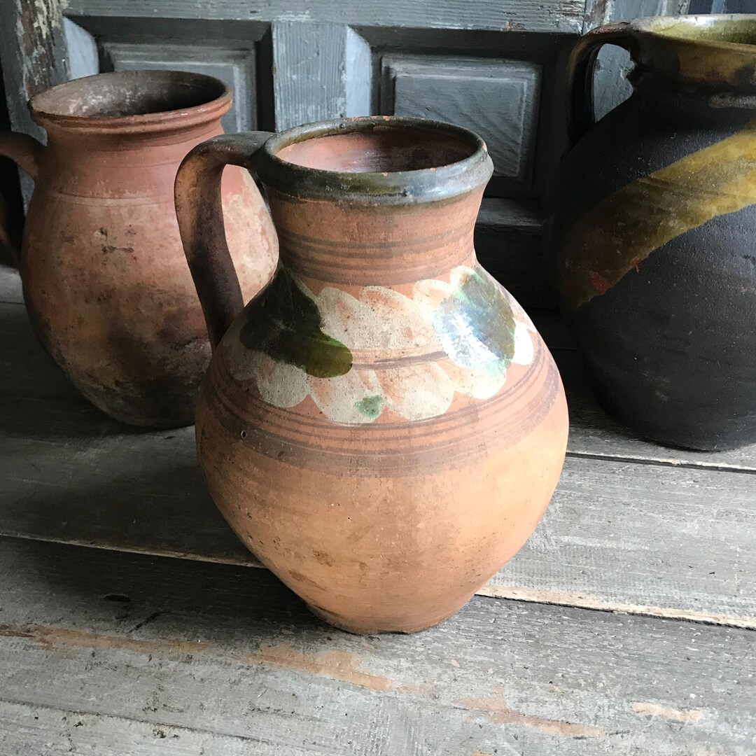 Antique Floral Pottery Jug, Pitcher, Vase, Redware, Folk Art, Rustic ...
