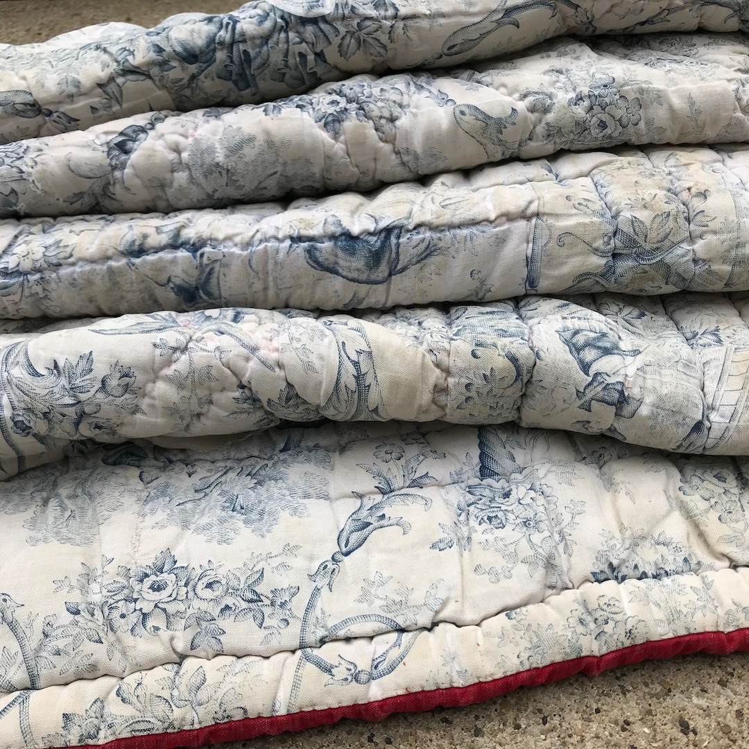 French Toile De Jouy Quilt Remnants, Indigo Blue, Antique 19th C French ...
