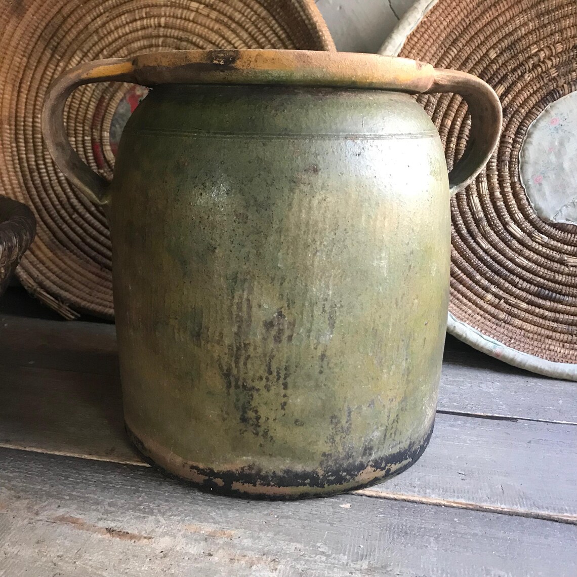 19th C Pottery Jug, Olive Confit Jar, Olive Green, Rustic Earthenware ...