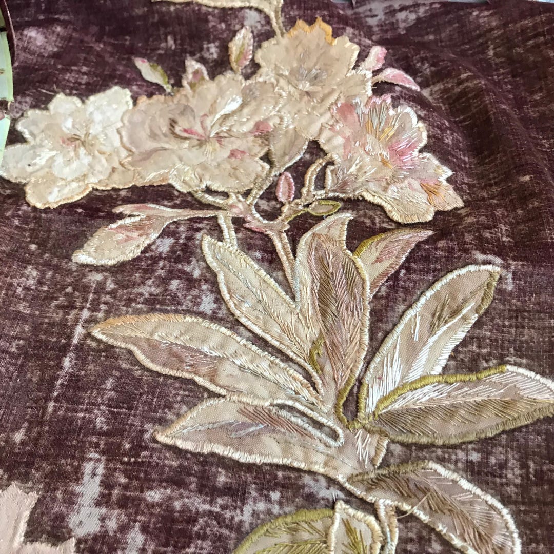 French Silk Velvet Floral Appliqué Panels, Embroidered Linen Appliqué ...