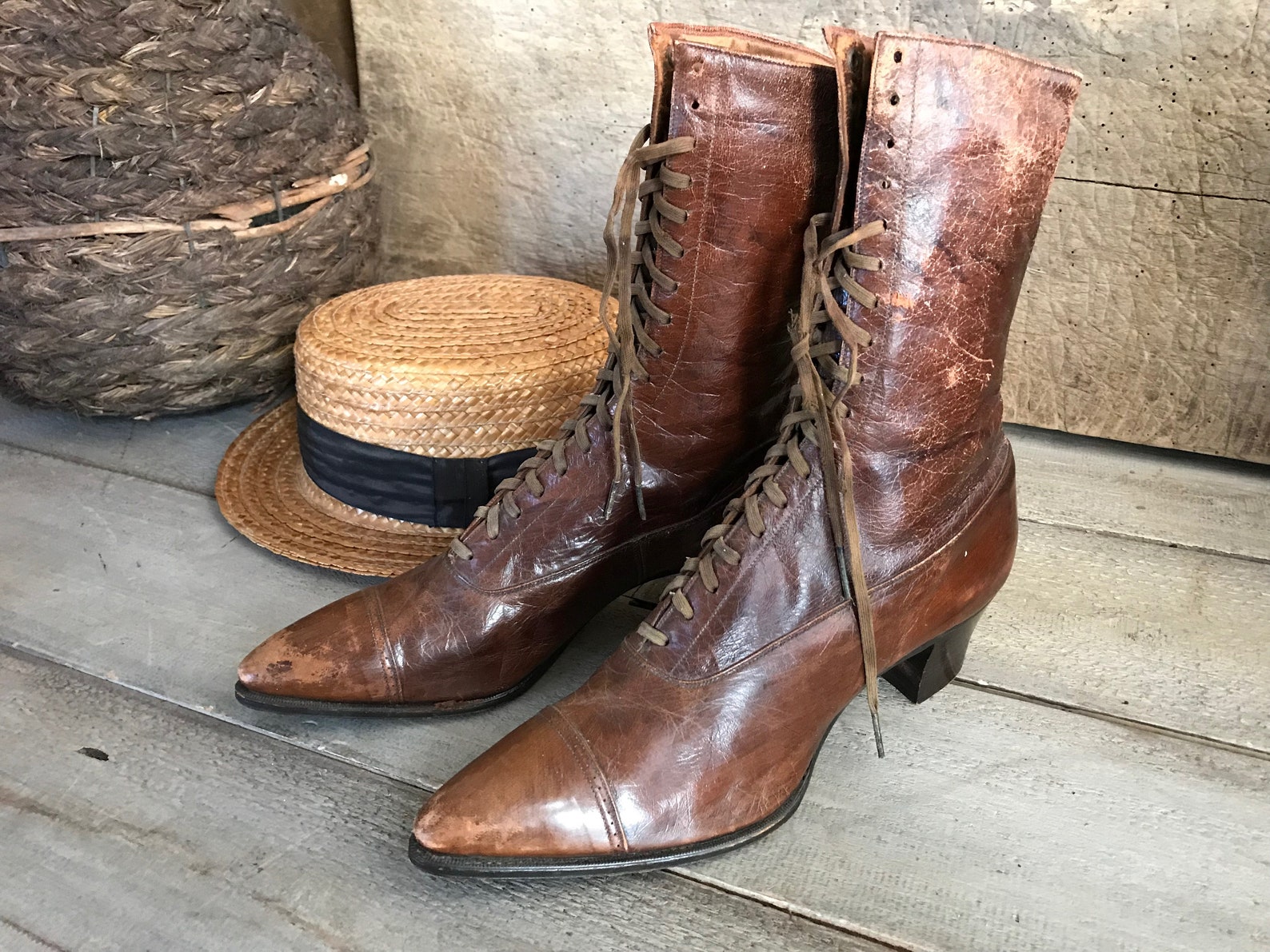 Antique Lace up Boots, 1900s Edwardian Victorian, Brown Leather High ...