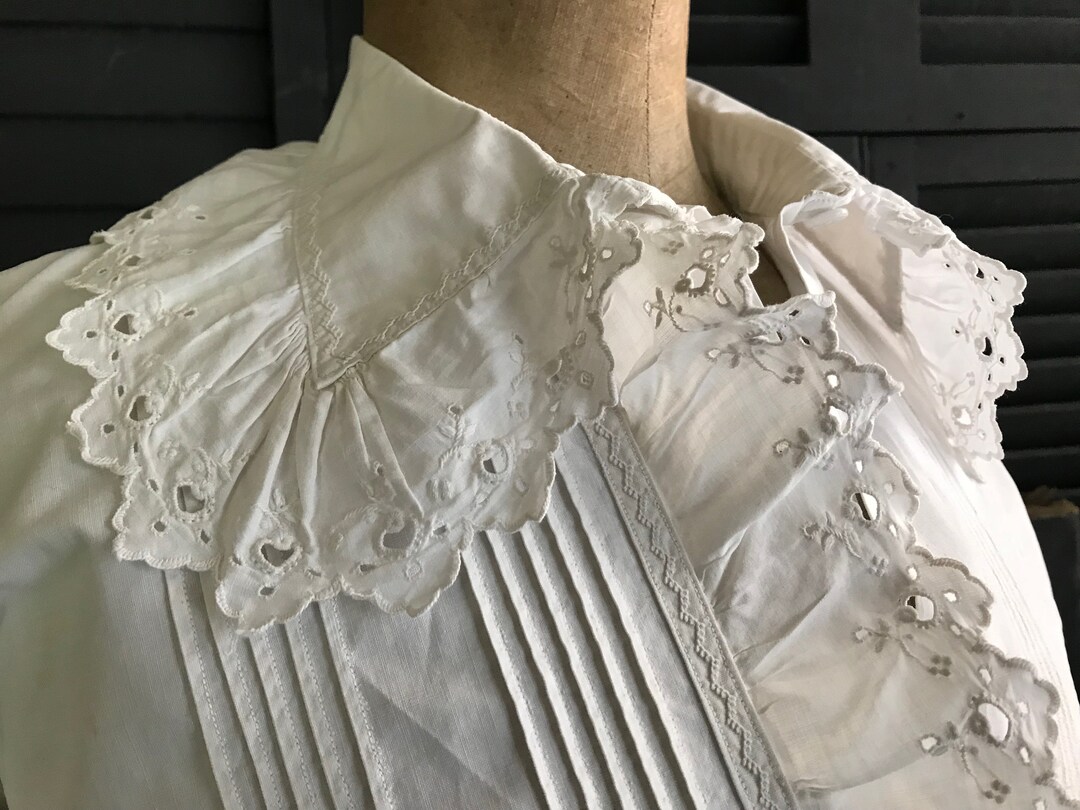 French White Cotton Chemise Blouse, Chemisier, Ruffle Collar, Monogram ...