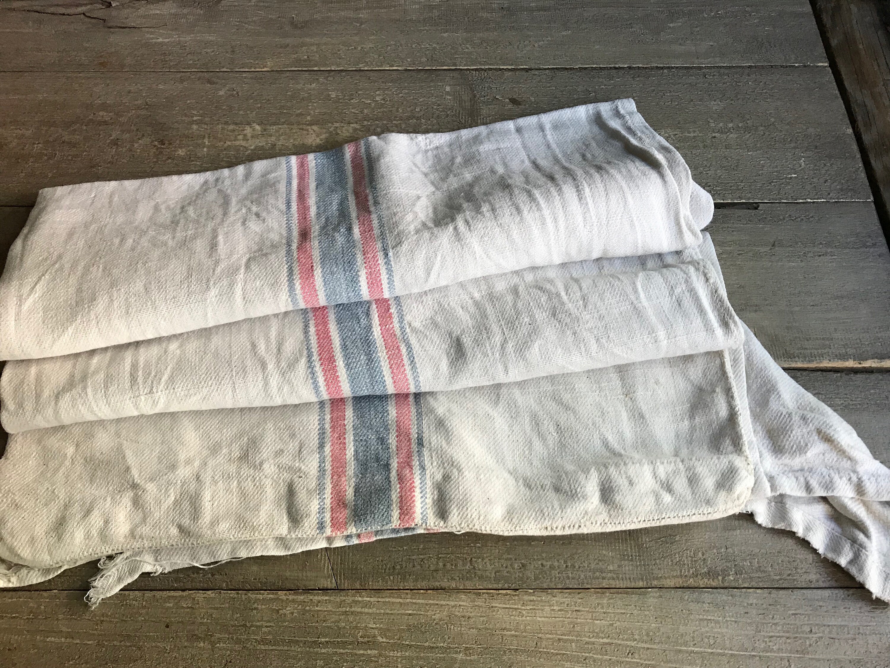 French Linen Laundry Sack, Blue Red Stripe, Grain Flour Sack, French ...