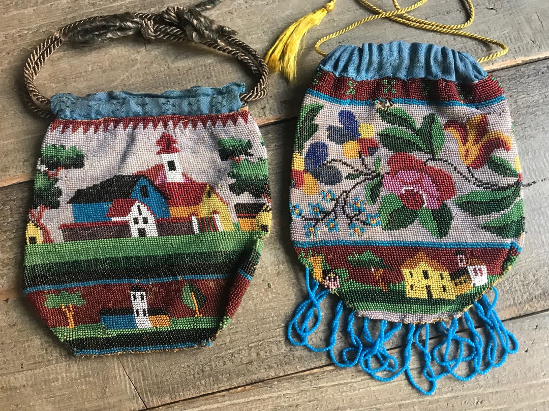 1 Civil War Era Beaded Bag, Handbag, Purse, Glass Micro Beaded ...