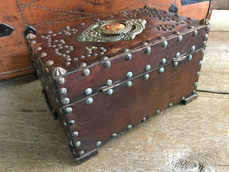 Rustic French Leather Document Box, Brass Cartouche, Porcelain Painted ...