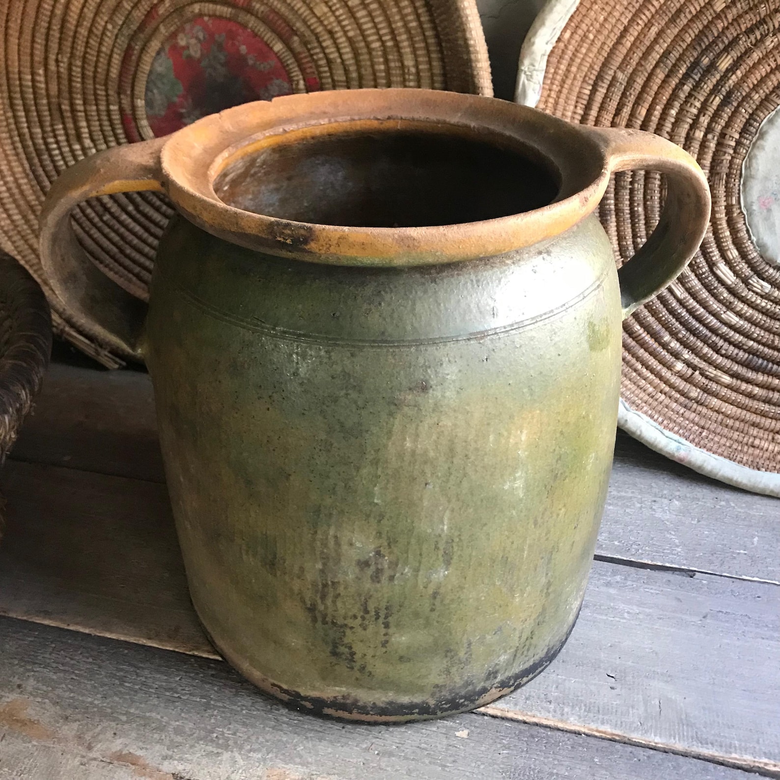 19th C Pottery Jug, Olive Confit Jar, Olive Green, Rustic Earthenware ...