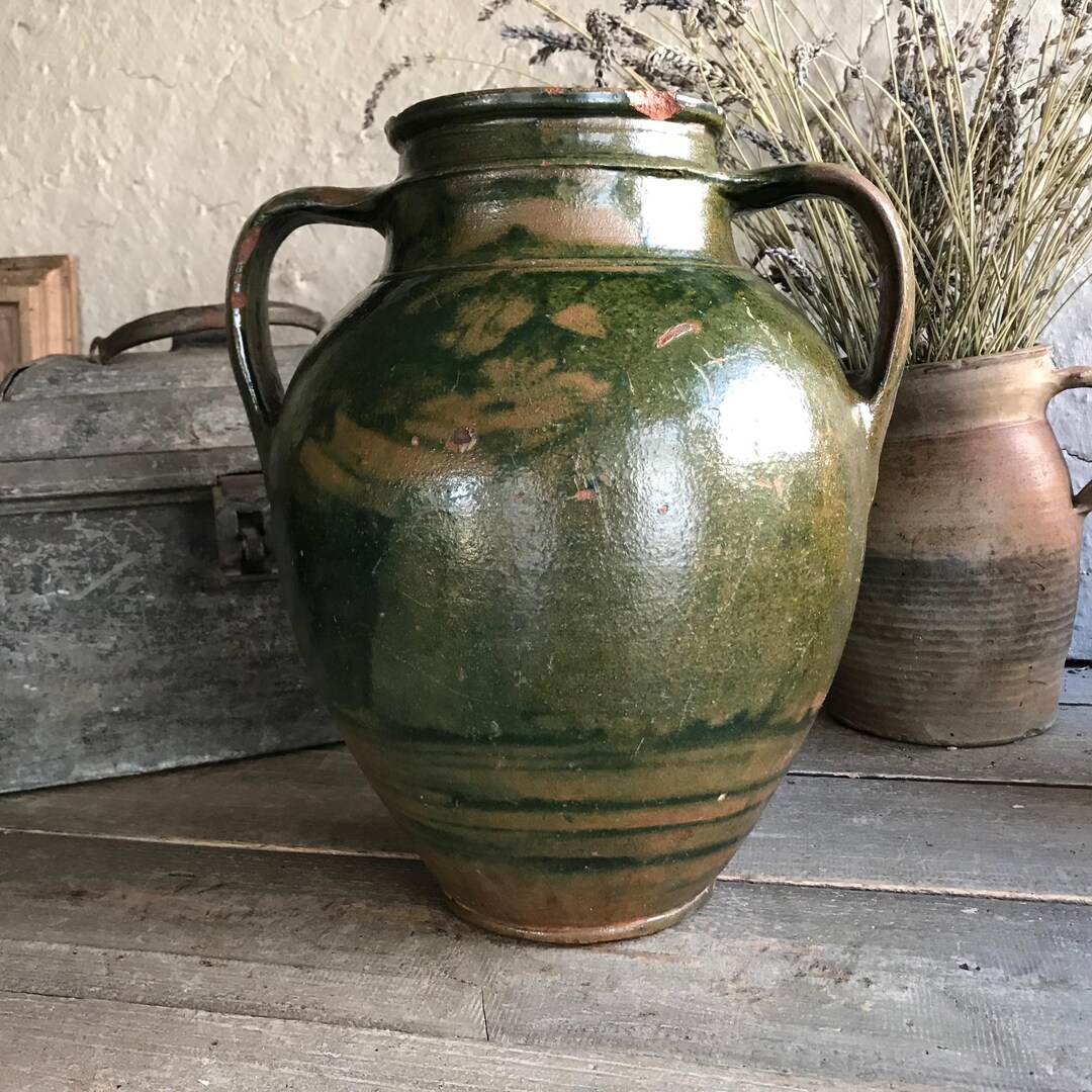 19th C Pottery Jug, Oil Jar, Terra Cotta, Green Glaze, Redware, Flower Pot, Rustic European ...