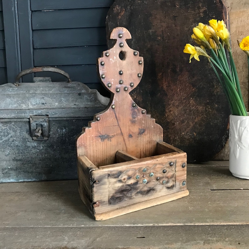 Antique Folk Art Salt Box, Rustic, Handcrafted, Wall Storage Keep ...