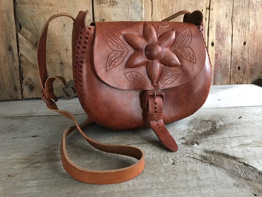 Artisan Rustic Tooled Leather Handbag, Crossbody Saddlebag, Floral ...