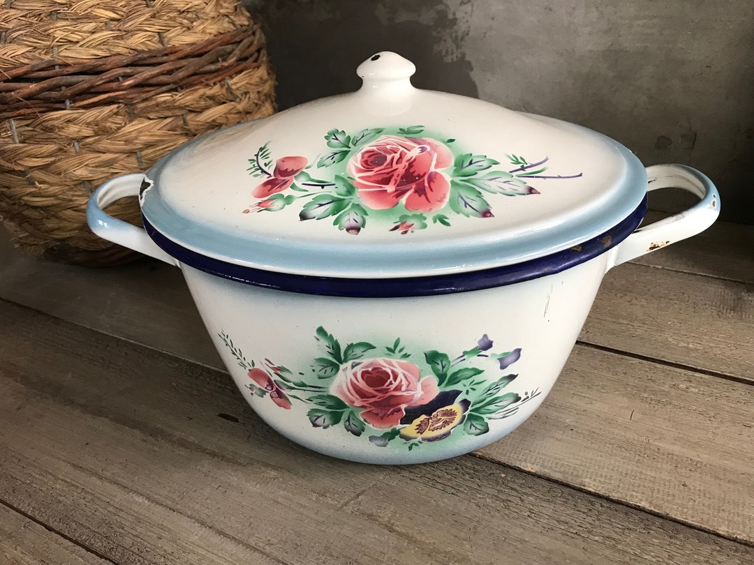 French Floral Enamel Lidded Casserole, Large Size, Chippy French ...