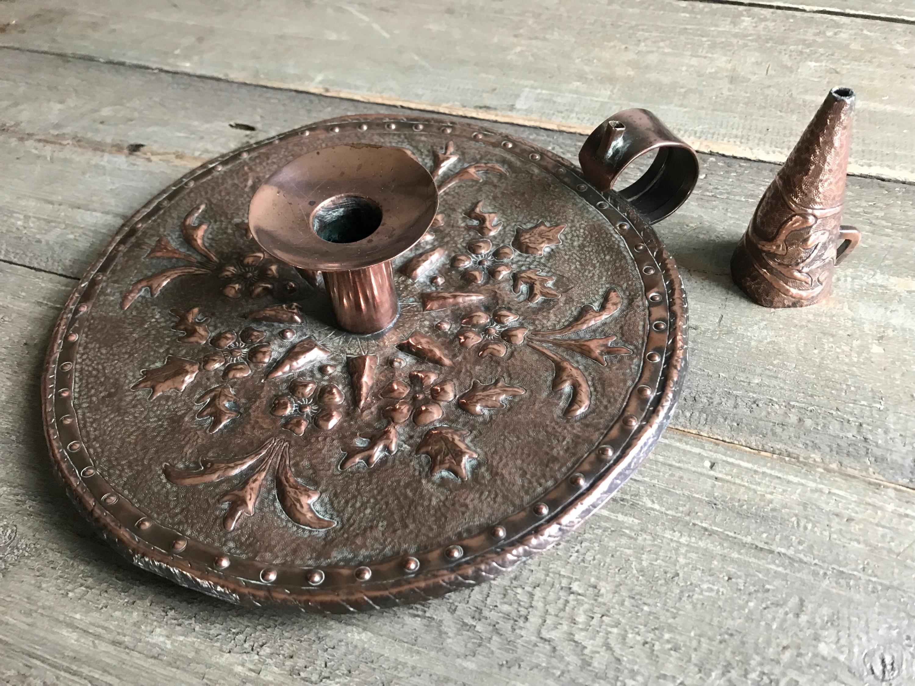 Copper Candle Holder, Arts and Crafts, Embossed Copper, Copper Snuffer ...