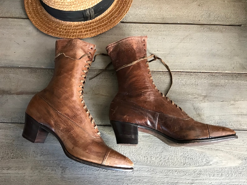 Antique Lace up Boots, 1900s Edwardian Victorian, Brown Leather High ...