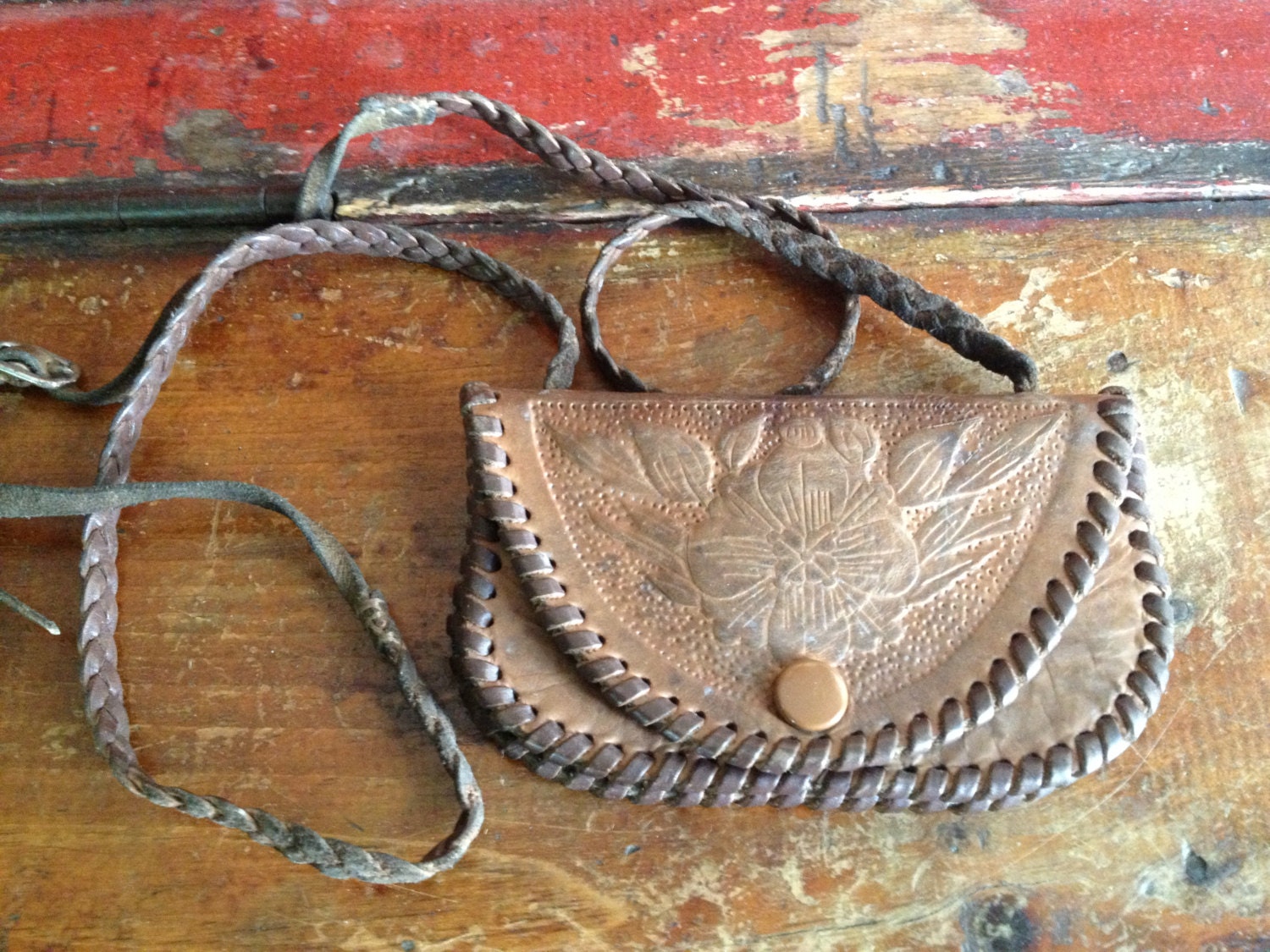 Tooled Leather Biker Pouch, Rustic Leather Wallet, Chestnut Brown ...