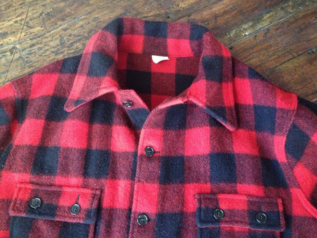 Wool Flannel Shirt Red Black Plaid Mid Century Size XXL, 2X Extra Large ...