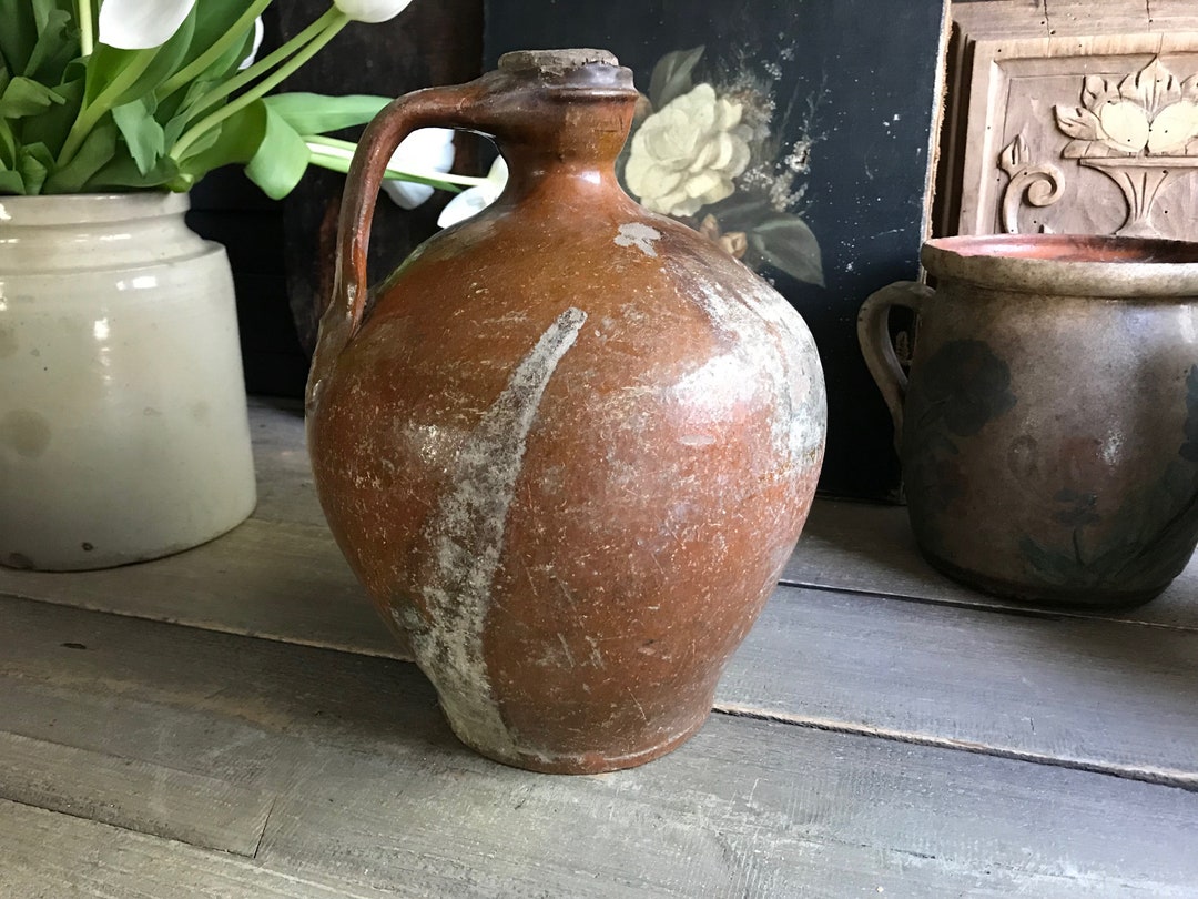 19th C Rustic French Olive Oil Jar, Pottery Jug, Hand Thrown Terra ...