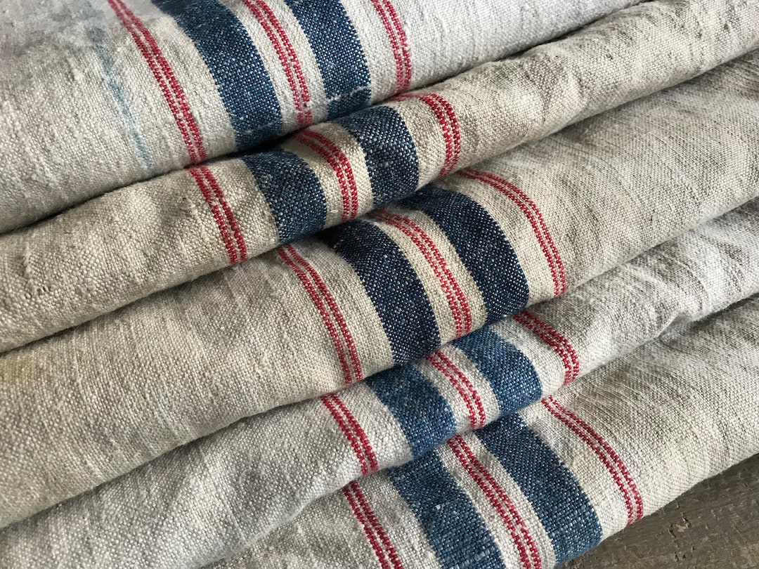 1 French Linen Laundry Sack, Blue Red Stripe, Upholstery Project ...