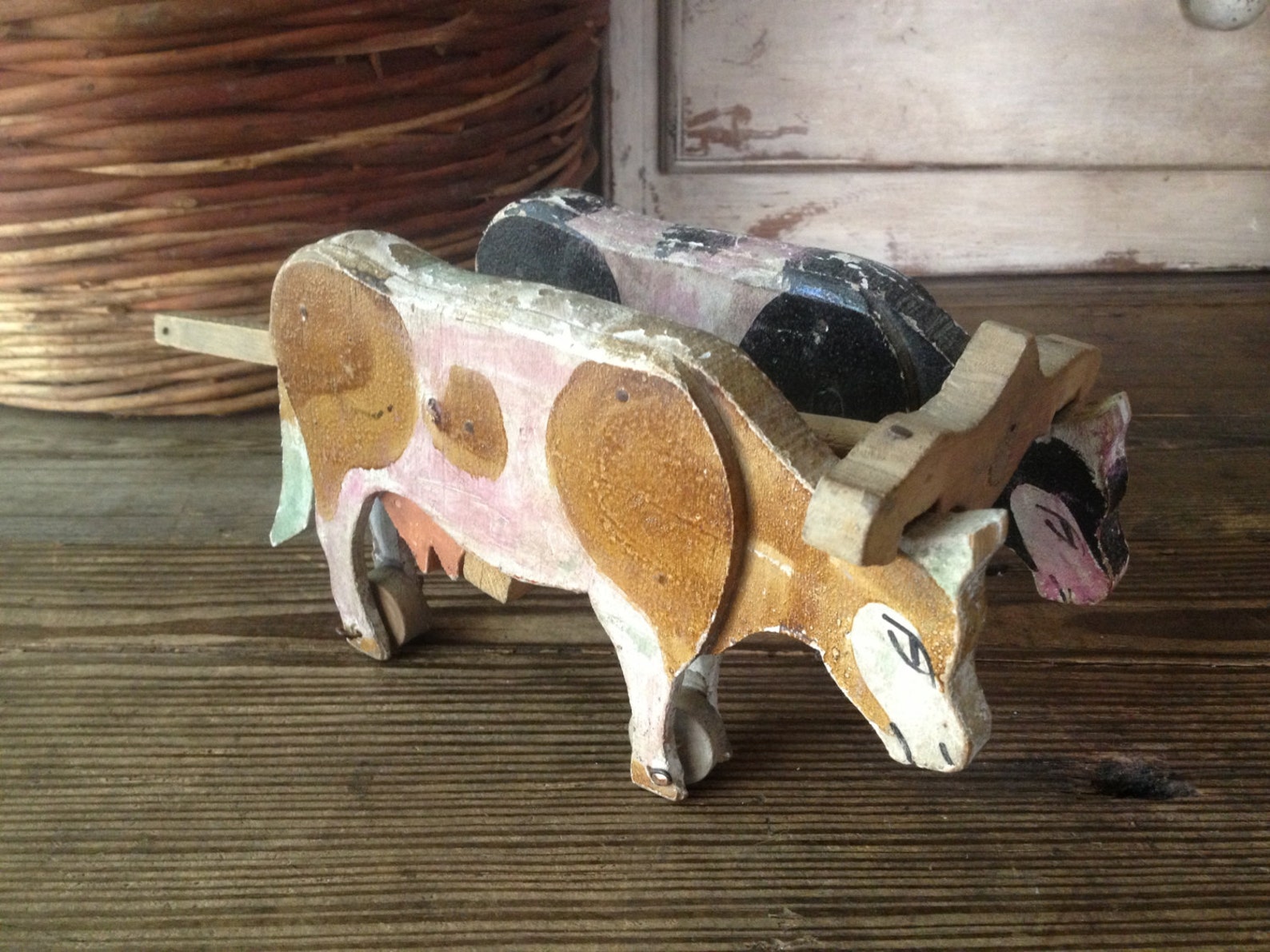 French Folk Art Wood Cows Hand Painted Antique Wooden Pull Toy | Etsy