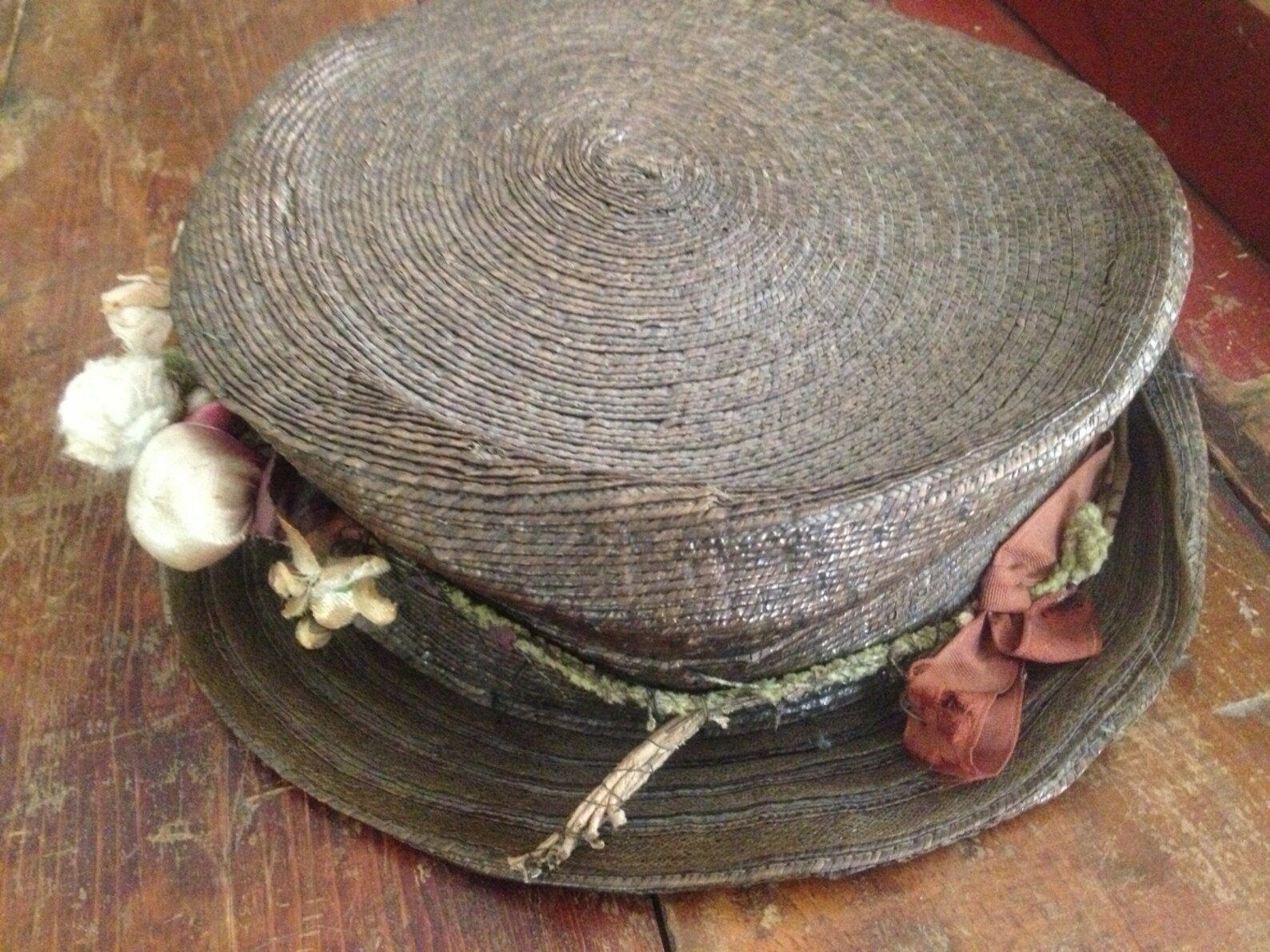 Edwardian Boater Hat, Gray Straw Silk Floral Sun Hat, Downton Abbey ...