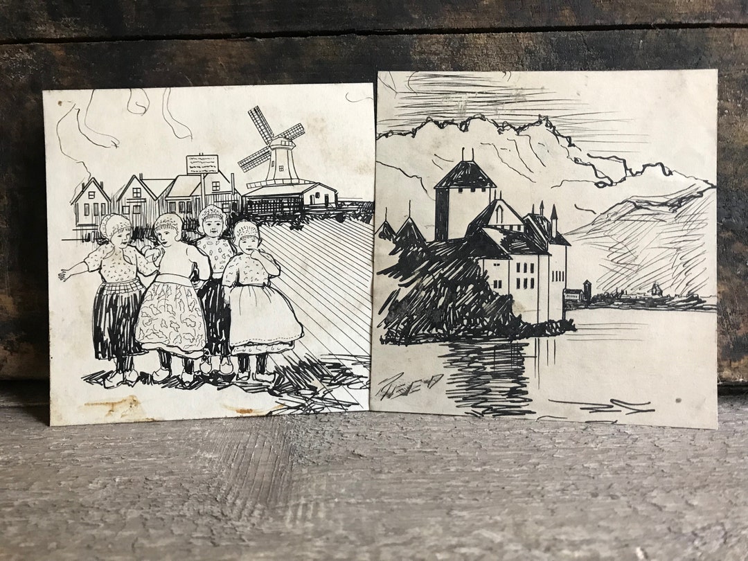Antique Dutch Drawings, Artist Signed, Black Pen, Quill, Countryside ...