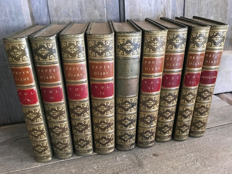 English Leather Bound Book Set of 9, Gilded, Pepys Diary, Stacking ...