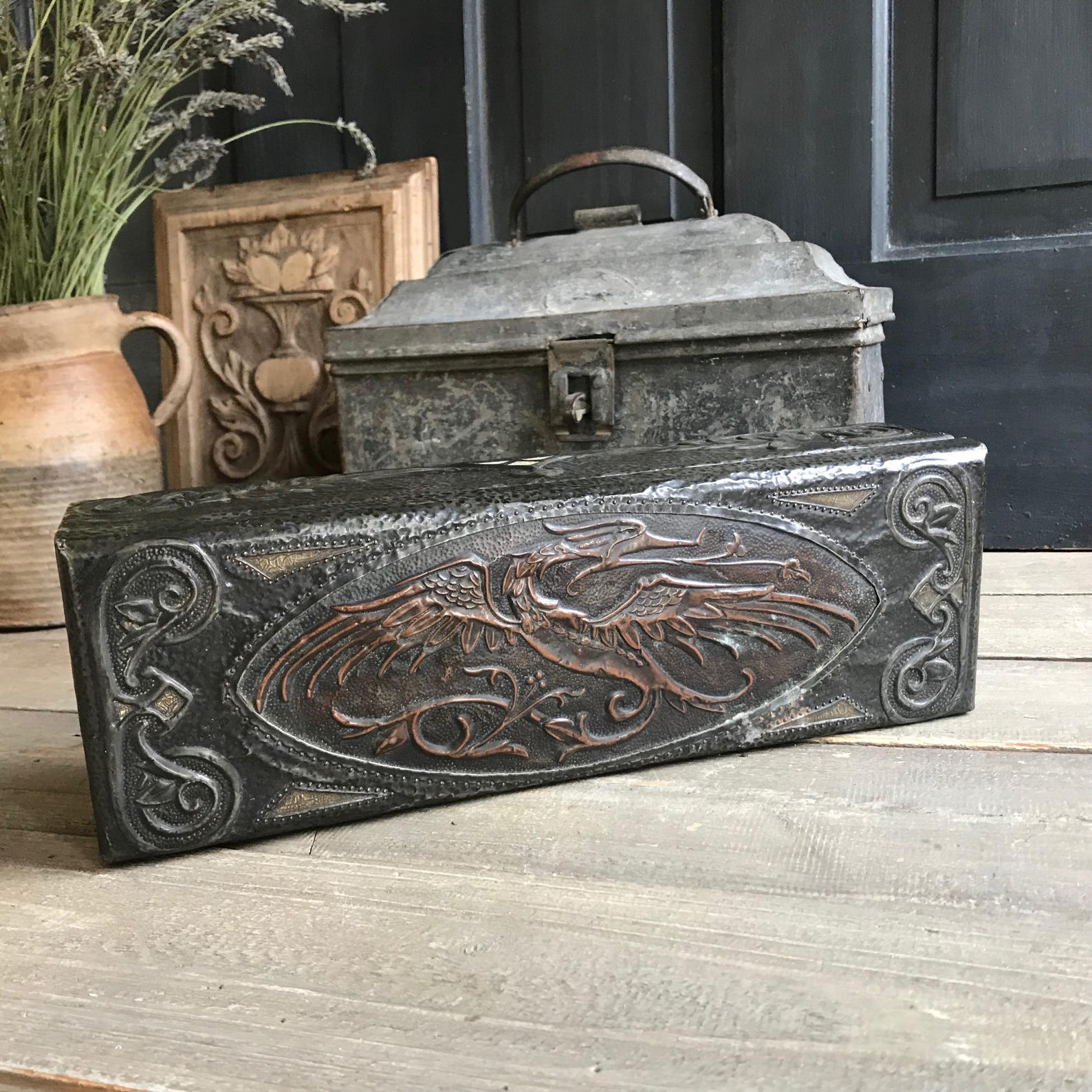French Repoussé Pewter Boudoir Box, Copper Dragon Griffon, Silk Lined ...