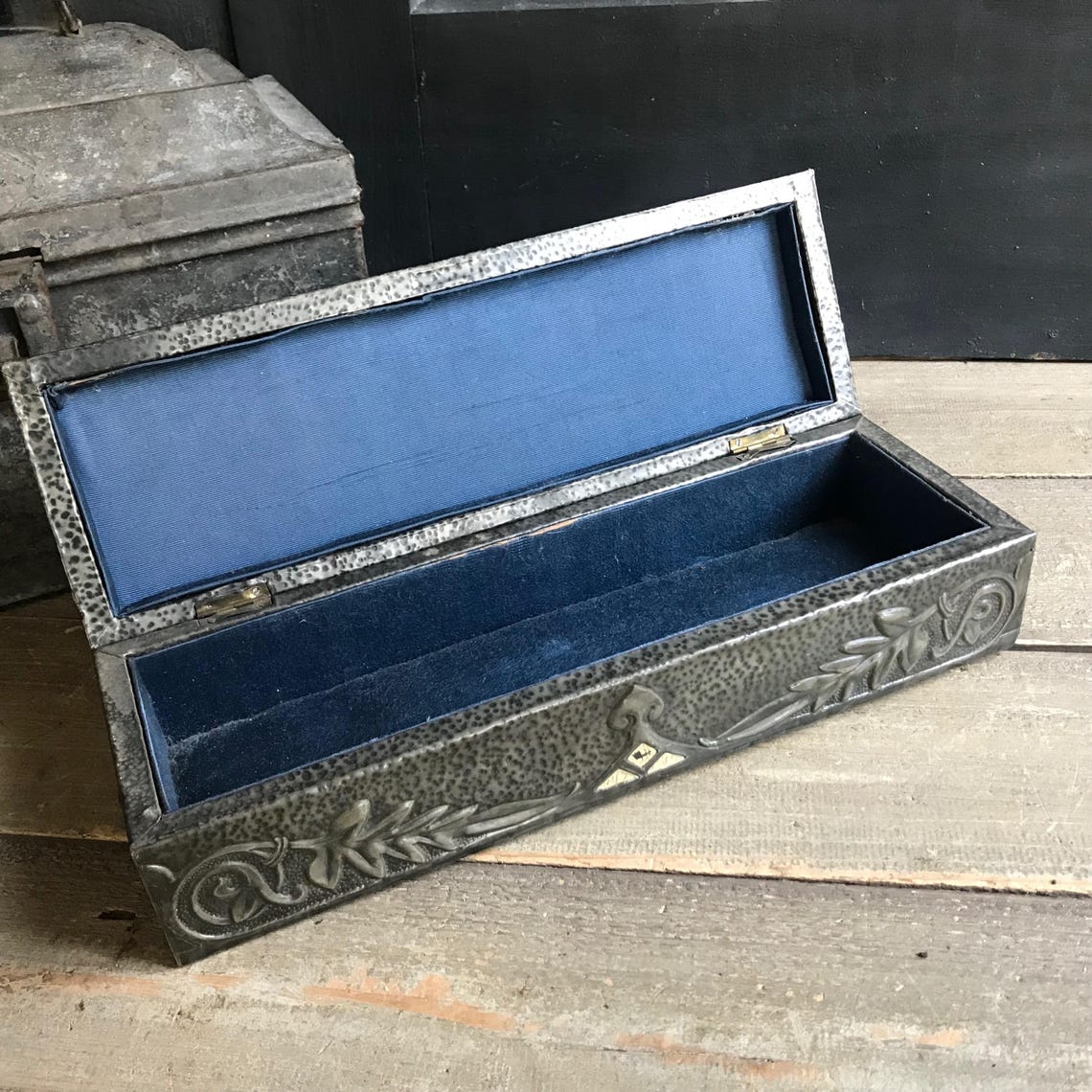 French Repoussé Pewter Boudoir Box, Copper Dragon Griffon, Silk Lined ...