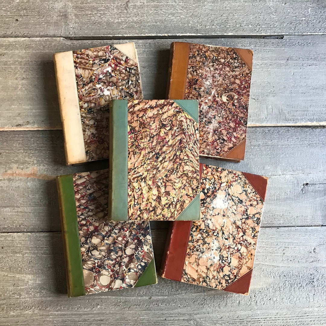 Antiquarian Leather Book Set of 5, British Authors, Marbled Book Cover ...